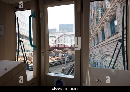 inside carriage at docklands light railway dlr canary wharf station ...