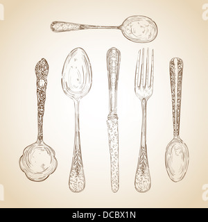 Retro transparent silverware sketch style icons illustration. Vector ...