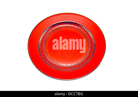 One red ceramic plate isolated on white Stock Photo - Alamy