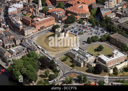 aerial view of York Castle Museum and Clifford's Tower, York, England ...