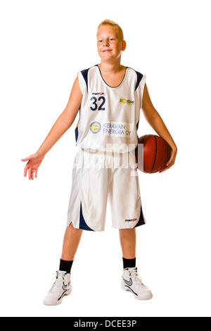 Young basketball player wearing white team uniform, studio shot, white ...