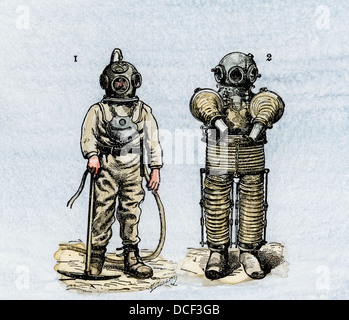 A 19th century deep sea diver wearing rubber coated diving suit with ...
