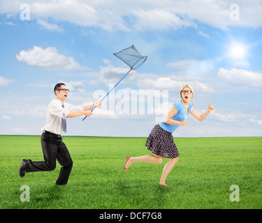 Frightened scared man running from cruel monsters attacking business ...