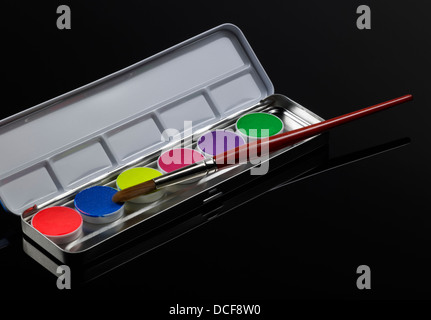 box with fluorescent watercolors in black reflective back, ultraviolet ...