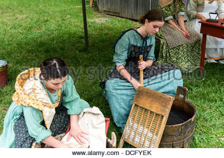 American Civil War reenactment; women in 19th century costumes (dresses ...