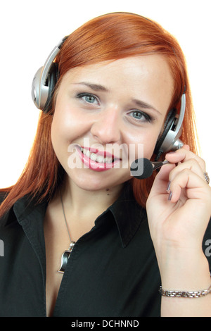 Young redhead call center agent woman using headset holding showing ...