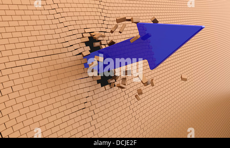 Red arrow breaking through brick wall, concept of success, breakthrough ...