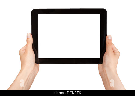 Female hands with tablet computer on grey grunge background. Concept of ...