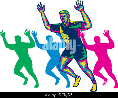 Illustration of a happy marathon runner running with hands up done in ...