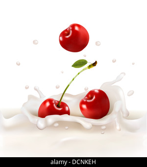 Red cherries fruits falling into the milky splash. Vector illustration Stock Photo - Alamy