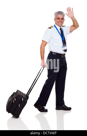 cheerful senior captain waving goodbye isolated on white Stock Photo ...