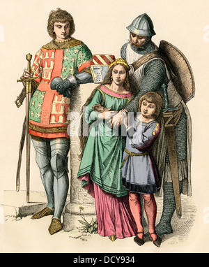 German middle-class couple and a knight early 1400s. Hand-colored print ...