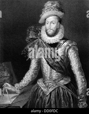 Vintage engraving of Sir Walter Raleigh, English navigator, soldier ...