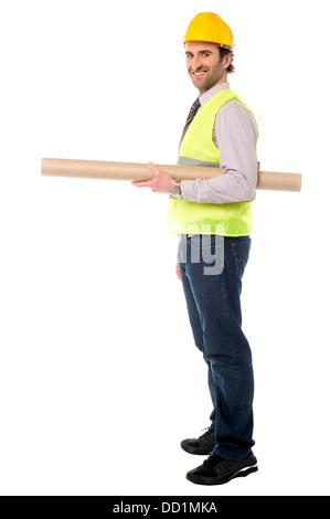 Happy civil engineer holding blueprint Stock Photo - Alamy