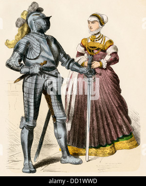 German knight in armor and a lady, mid-1400s. Hand-colored print Stock ...