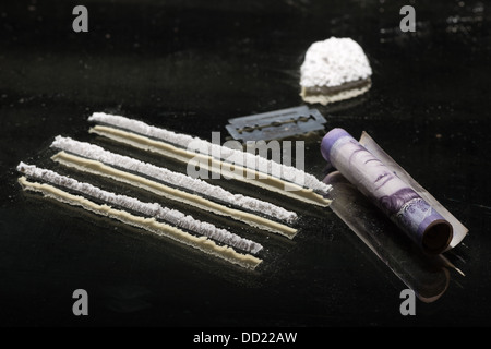 Drug addiction lines rows of powdered cocaine ready to be snorted ...