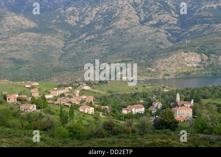Aerial view of village of Calacuccia, Niolo Valley, Central Massif ...