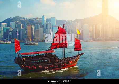 Traditional Chinese wooden sailing ship, Victoria harbor Stock Photo ...