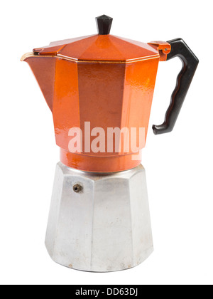 Side view of italian moka pot coffee maker heating on electric strove ...