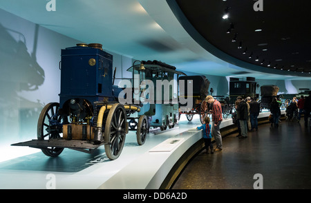 Mercedes-Benz Museum interior, Stuttgart, Germany. Grill, headlights ...