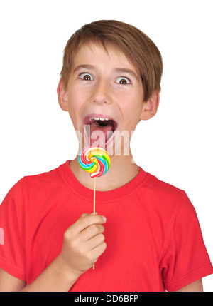 Portrait of beautiful joyful boy with candy isolated on white ...