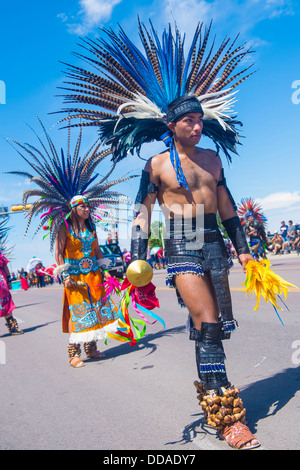 Dancers in traditional Aztec costume at the Mayday parade in Stock ...