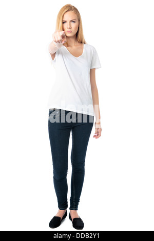 Serious angry woman showing cross, stop something bad, express ...