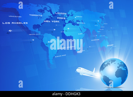 aviation background with many planes over the map with major cities ...
