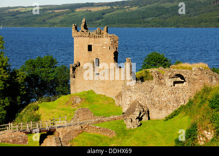 Ruined castle, Grant Tower and walls of Urquhart Castle at Loch Ness ...