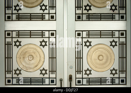 Jewish religious symbols on the door of the Congregation Schara Tzedeck ...