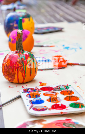 Pumpkins colorfully painted by children Stock Photo - Alamy