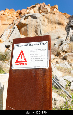 warning sign, falling rocks sign, rock fall, rock falling sign, coastal ...