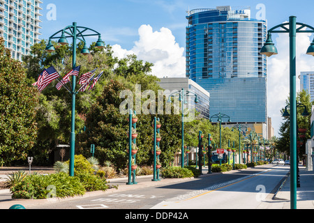 Decorative lamp posts and potted plants along North Magnolia Avenue in ...
