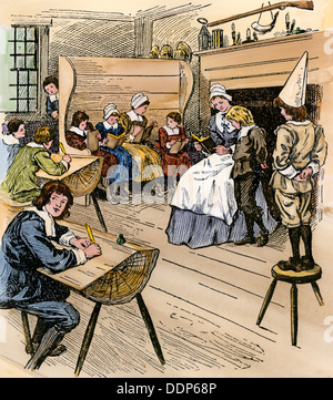 Colonial schoolroom in New England 1600s. Hand-colored woodcut Stock ...