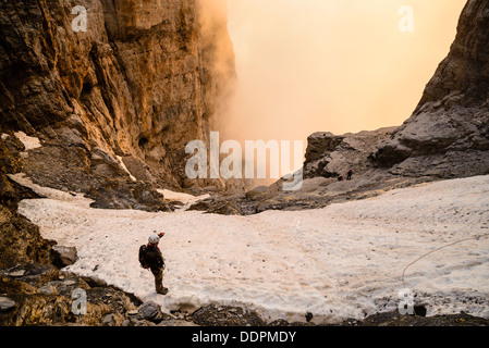 Climbers on the Rotstock Via Ferrata. The Rotstock is a small ...