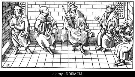 justice, courtroom scenes, court hearing, woodcut, 16th century, 16th ...