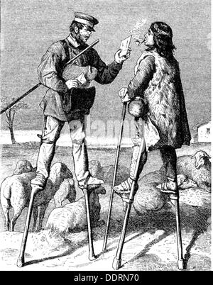 Postman on stilts delivering a letter, Landes, Southern France, early ...