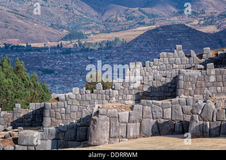 Sacsaywaman Inca ruins: view of the massive zig zag stone wall ...