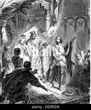 Middle Ages, knights, a knight is swearing the oath of fealty to a ...