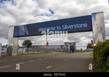Sign at the entrance to Silverstone Racing Circuit with flags of the ...