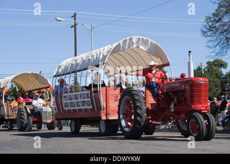 People riding in a tractor wagon through grape farms. Vineyard worker ...