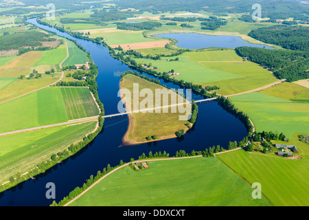 Aerial view of fields and river, Dalälven, Dalarna, Sweden Stock Photo ...