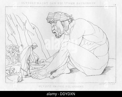 Odysseus and the cyclops Polyphemus. 19th-century illustration of the ...