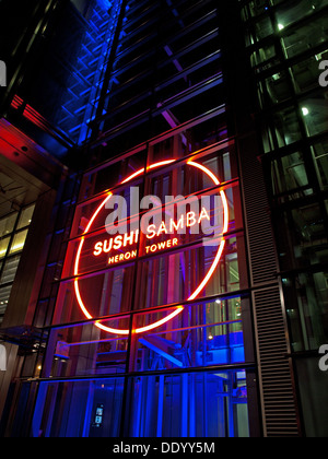 Night view of Sushi Samba at the Heron Tower, City of London, London ...