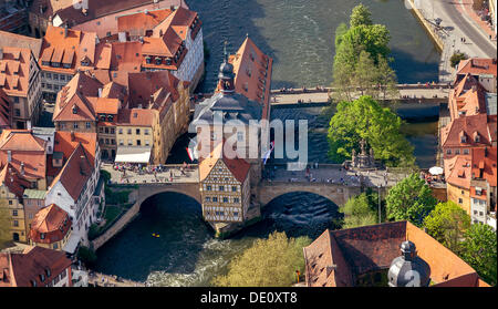 Aerial view, old town hall, Main river, Bamberg, Upper Franconia ...