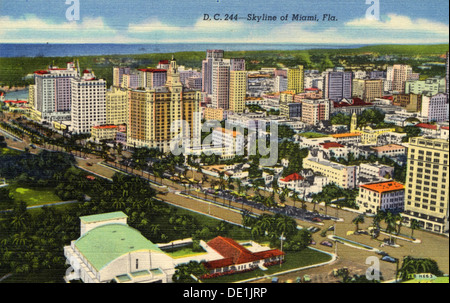 America, 1950s. Aerial view of the coast and city of Miami, Florida ...