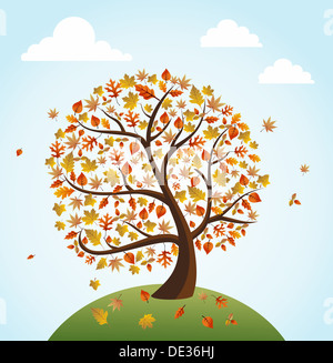 Fall tree with exploding leaves over world illustration. EPS10 vector ...