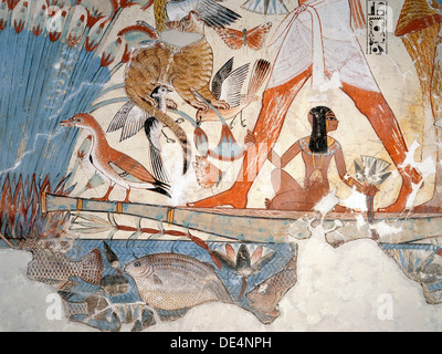 Egyptian wall painting of Nebamun hunting in the marshes 2 - British ...