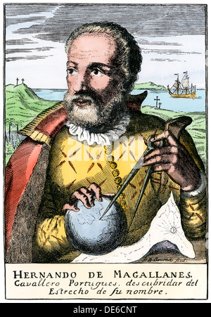 Portuguese explorer Ferdinand Magellan holding navigation instruments ...