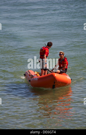 RNLI Lifeguards in a rescue boat in rough seas off St Agnes, Cornwall ...